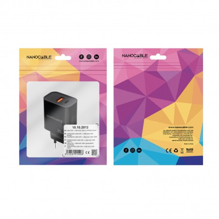 Nanocable Cargador USB-CPD + USB-AQC 30W, Negro